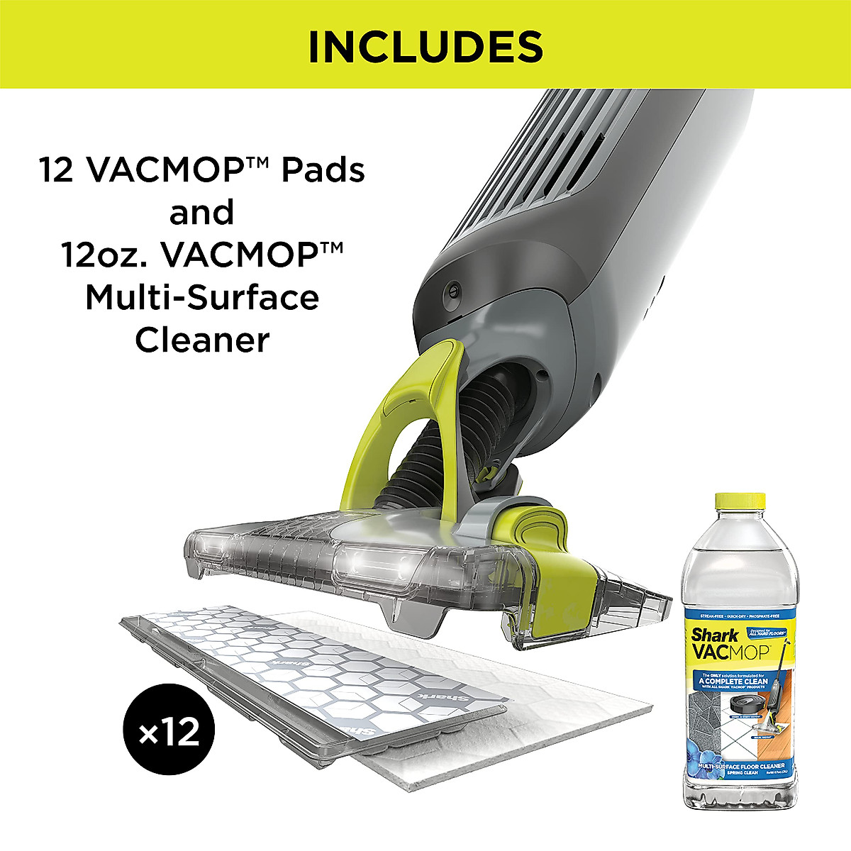Shark VM252P10 VACMOP Pro Cordless Hard Floor Vacuum Mop with LED Headlights, 12 Disposable Pads & 12 oz. Cleaning Solution, Charcoal Gray, Charcoal Grey (Renewed)