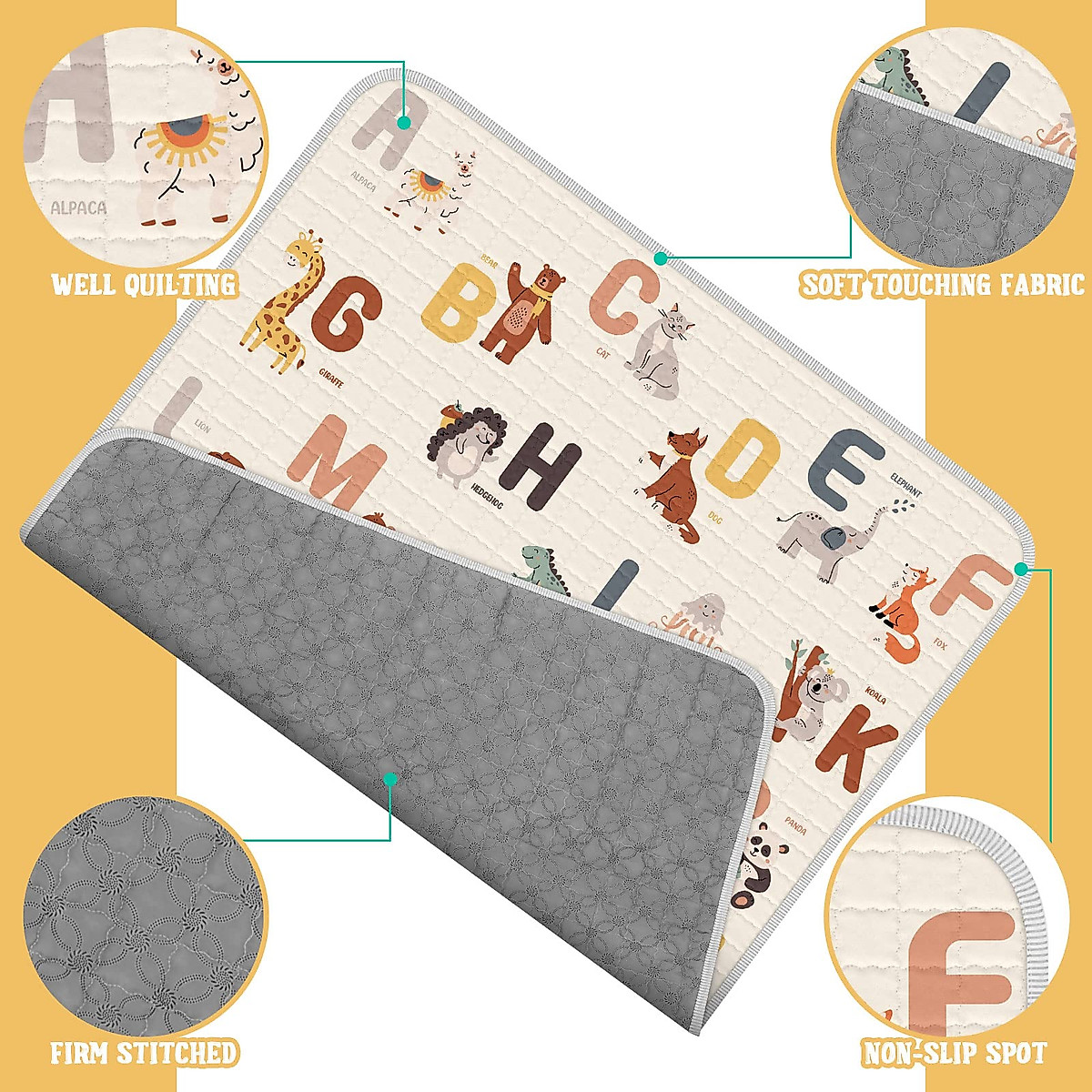 Funtery 43 x 43 Inch Boho Rainbow Baby Play Mat Portable Crawling Washable Foldable Tummy Time Non Slip Baby Floor Large Playpen Mat for Infants Toddlers Floor Playpen Activity(Woodland Animal)