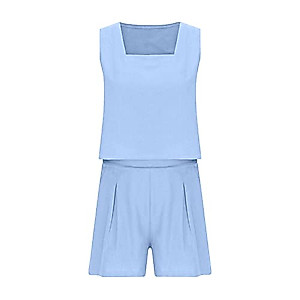 Oggfader Summer 2 Piece Outfits Sets for Women 2023 Square Neck Tank Tops Loose Casual Lightweight Shorts with Pockets