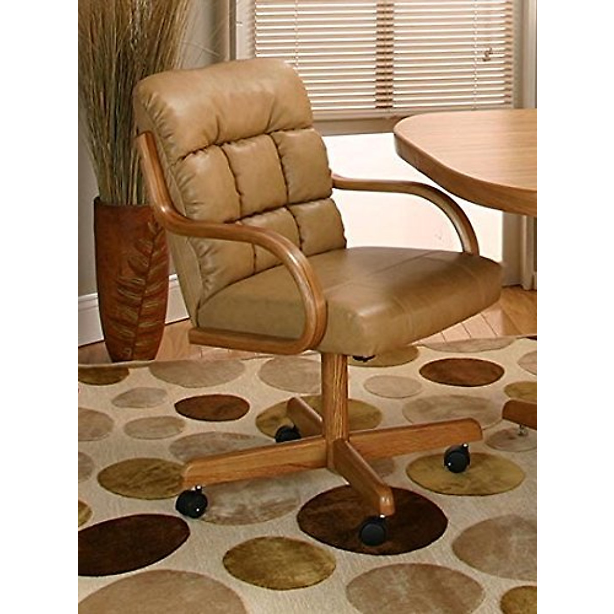 Caster Chair Company Casual Rolling Caster Dining Chair with Swivel Tilt in Honey Oak Wood with Buff Bonded Leatherette Seat and Back (1 Chair)