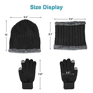 Winter Knit Beanie Hat Neck Warmer Gloves Set, Fleece Lined Skull Cap Scarves Touch Screen Mittens for Men Women Boys
