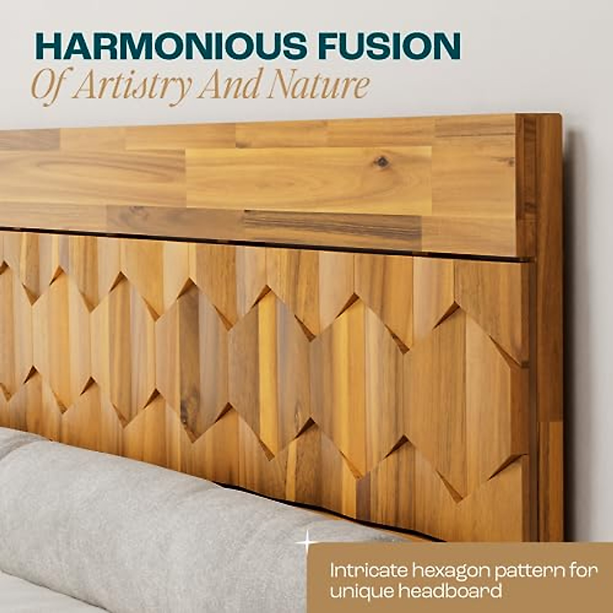 Bme Georgina King Bed Frame and Headboard, Handcrafted Geometric Pattern Solid Wood Platform Bed Frame, No Box Spring Needed, 12 Strong Wood Slats Support, Easy Assembly, Teak Brown