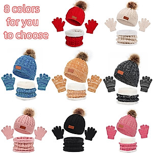 Kids Winter Hat Gloves Scarf Set for 2-6 Years Old Boy Girl Toddler Winter Knit Pompom Beanie Hats Cap Neck Warmer Gloves,rose red-1
