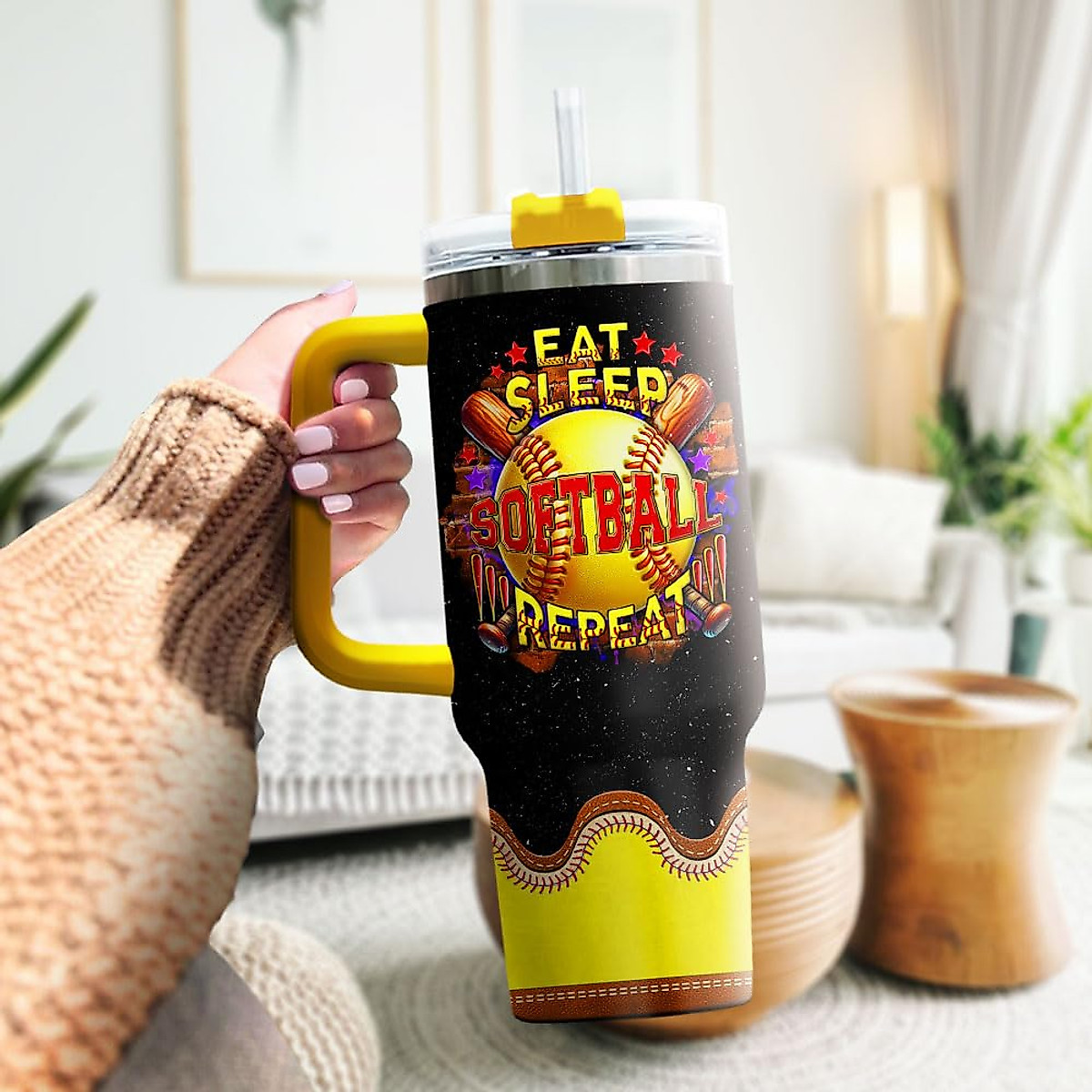 99OWL Softball Eat Sleep Repeat, Tumblers Yellow Modern Glitter Simple Red Handle Black Insulated Straws, Tumbler 40 Oz With Handle Lid And Straw, Softball Gifts