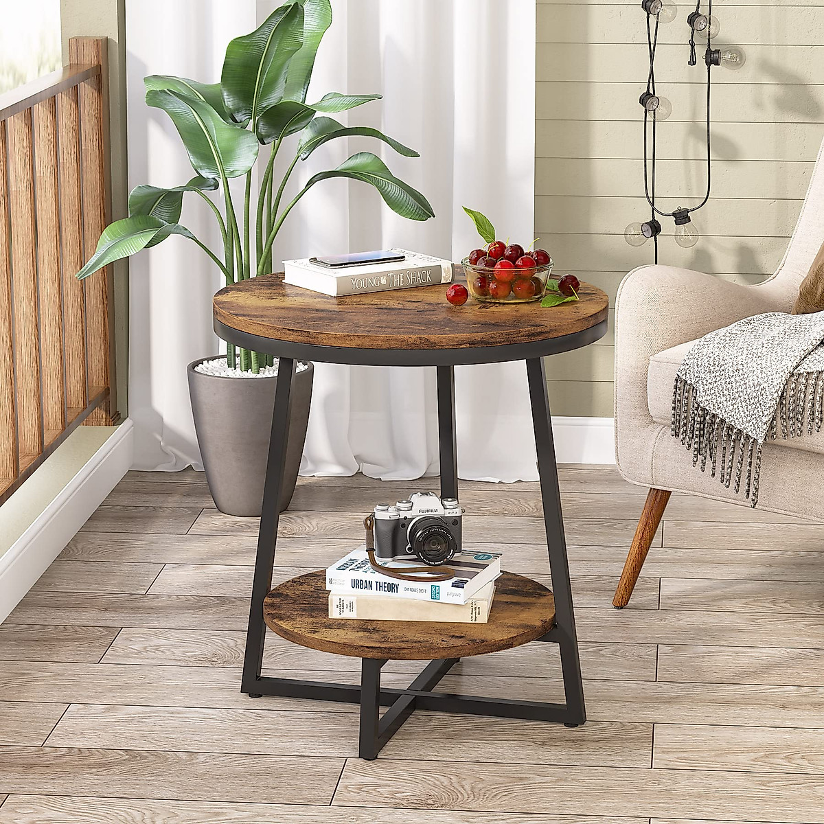 Tribesigns Round End Table Set of 2, 2 Tier Side Table with Storage Shelf, Industrial Nightstand Bedside Table Coffee Accent Table for Living Room Small Space, Rustic Brown