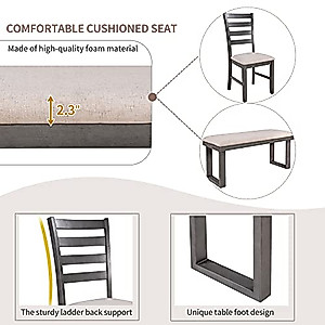 XD Designs 6 Piece Kitchen Dining Table Set with Rectangular Table and Comfortable Cushioned Seat, Farmhouse Rustic Wood Dining Room Set for 4-6 Persons, Dining Set for Family, Gray