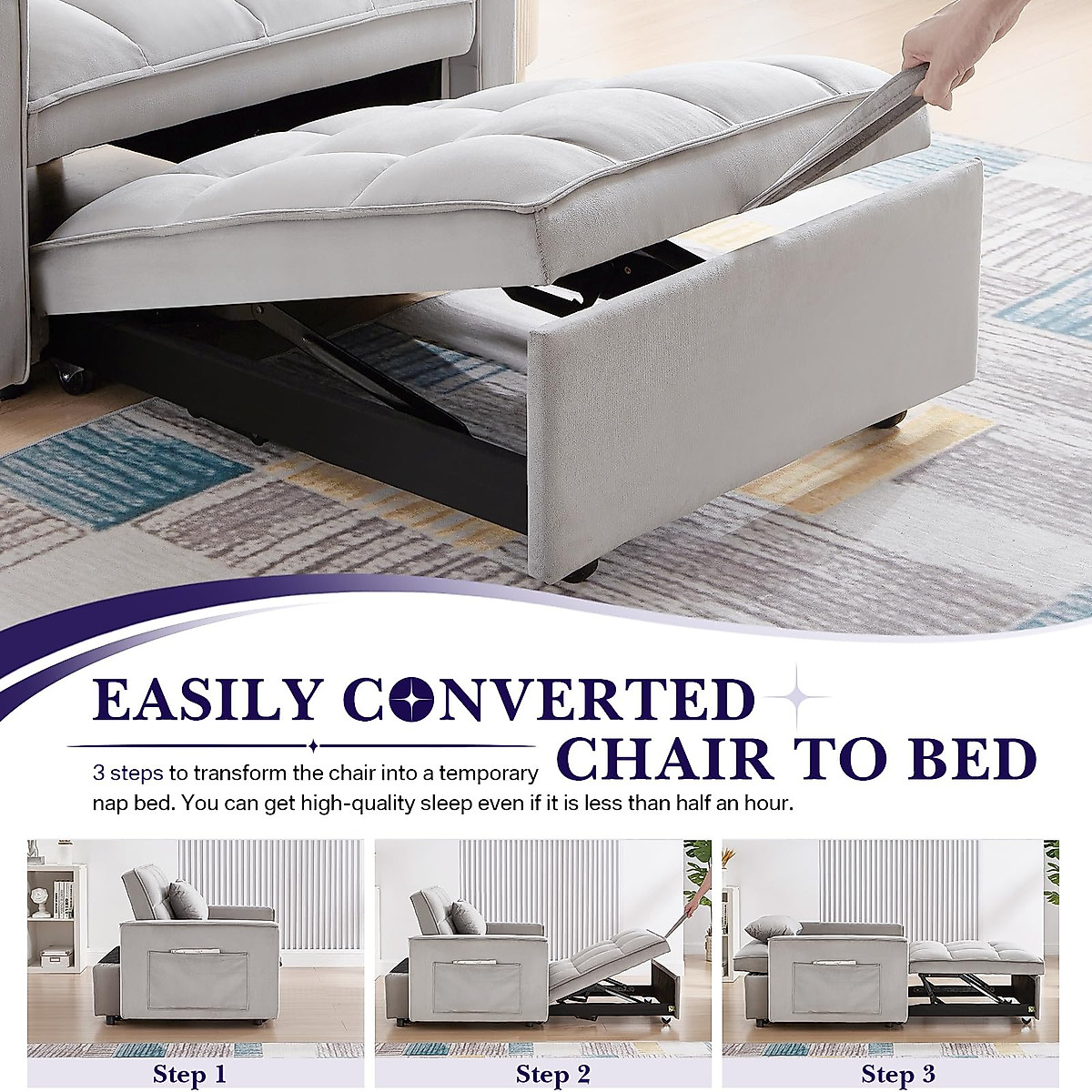 Sleeper Sofa Chair Bed, Convertible Velvet Single Pull Out Sofa Chair, Modern Tufted Living Room Reading Chair with Adjustable Backrest/Pillow for Small Spaces, Apartment, Office, Grey