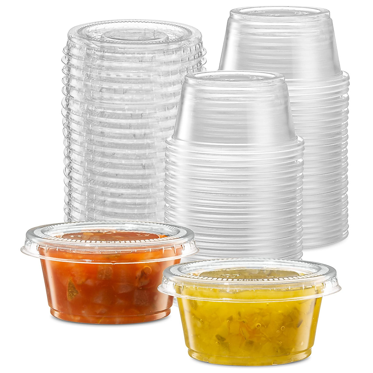 (2 oz - 100 Sets) Clear Diposable Plastic Portion Cups With Lids, Small Mini Containers For Portion Controll, Jello Shots, Meal Prep, Sauce Cups, Slime, Condiments, Medicine, Dressings, Crafts,