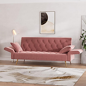DAMAIFROM 71" Velvet Couch, Futon Sofa Bed, Sleeper Sofa with Adjustable Back, Loveseat,Mid Century Modern Couches with Folding Armrests for Living Room, Bedroom,Small Spaces (Rose Pink)