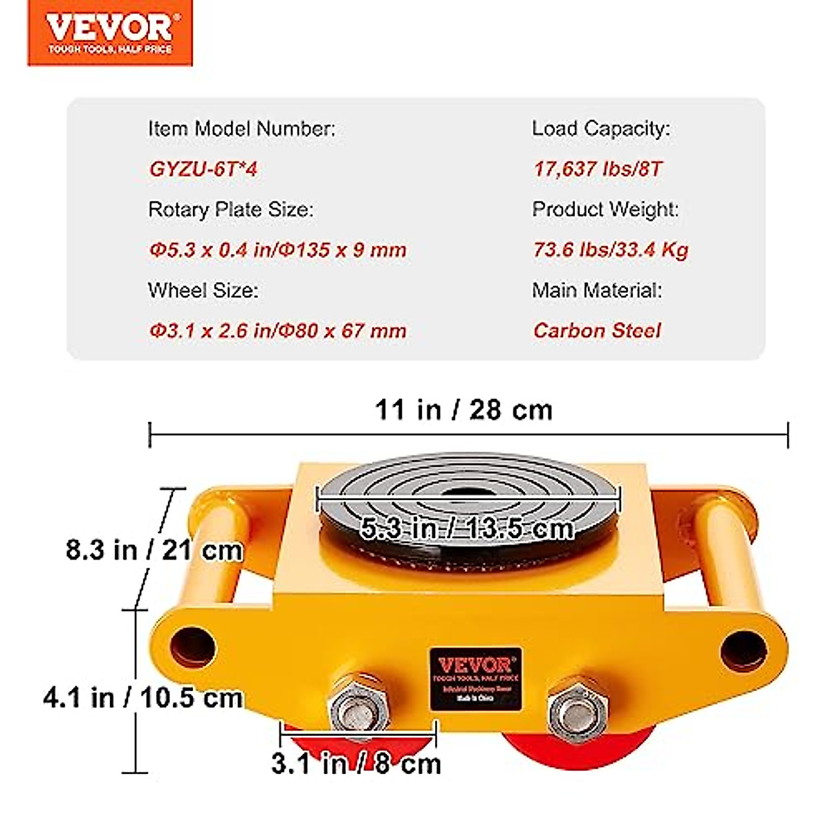 VEVOR 4pcs Machinery Mover, 8T Machinery Skate Dolly, 17637lbs Machinery Moving Skate, Machinery Mover Skate w/ 360° Rotation Cap and 4 Rollers, Heavy Duty Industrial Moving Equipment, Yellow
