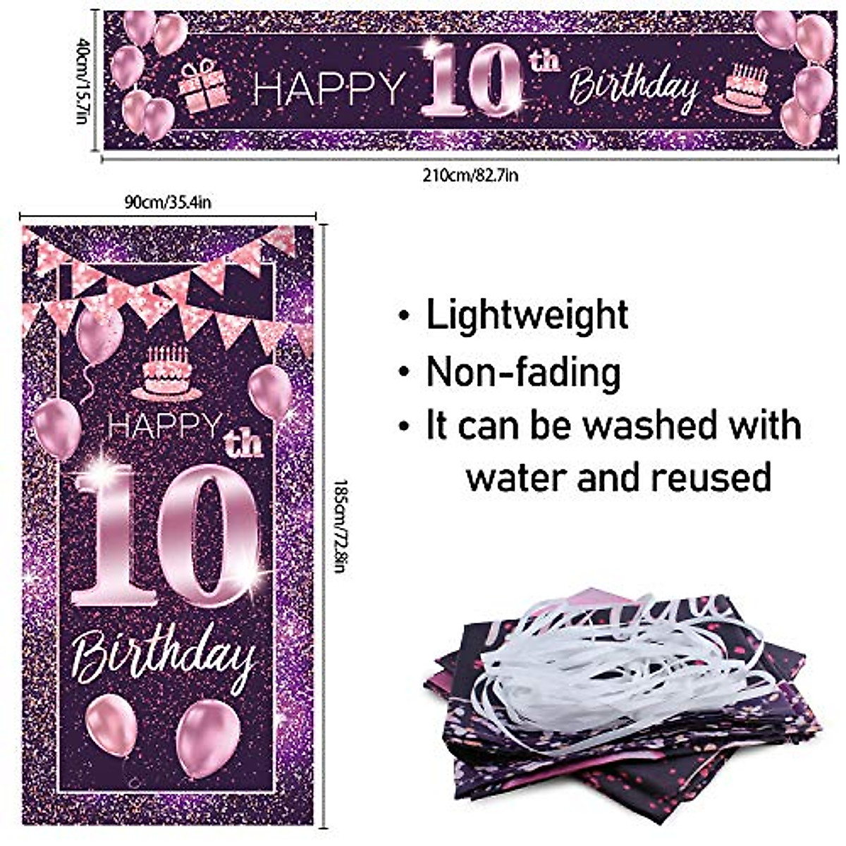 PAKBOOM Happy 10th Birthday Door Cover Porch Banner Sign Set - 10 Years Old Birthday Decoraions Party Supplies for Girls - Purple Pink