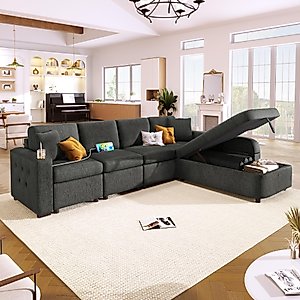 Modern L-Shape Sectional Couch with Storage Chaise,Cup Holder and USB Ports, Reversible Sleeper Sofa for Living Room Black