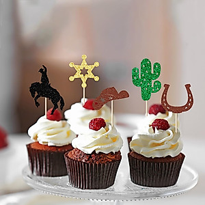 AROKIPPRY 24 PCS Cowboy Cupcake Toppers Glitter HorseShoe Cowboy Hats Boots Cupcake Picks Western Theme Baby Shower Birthday Party Cake Decorations Supplies (24 PCS)