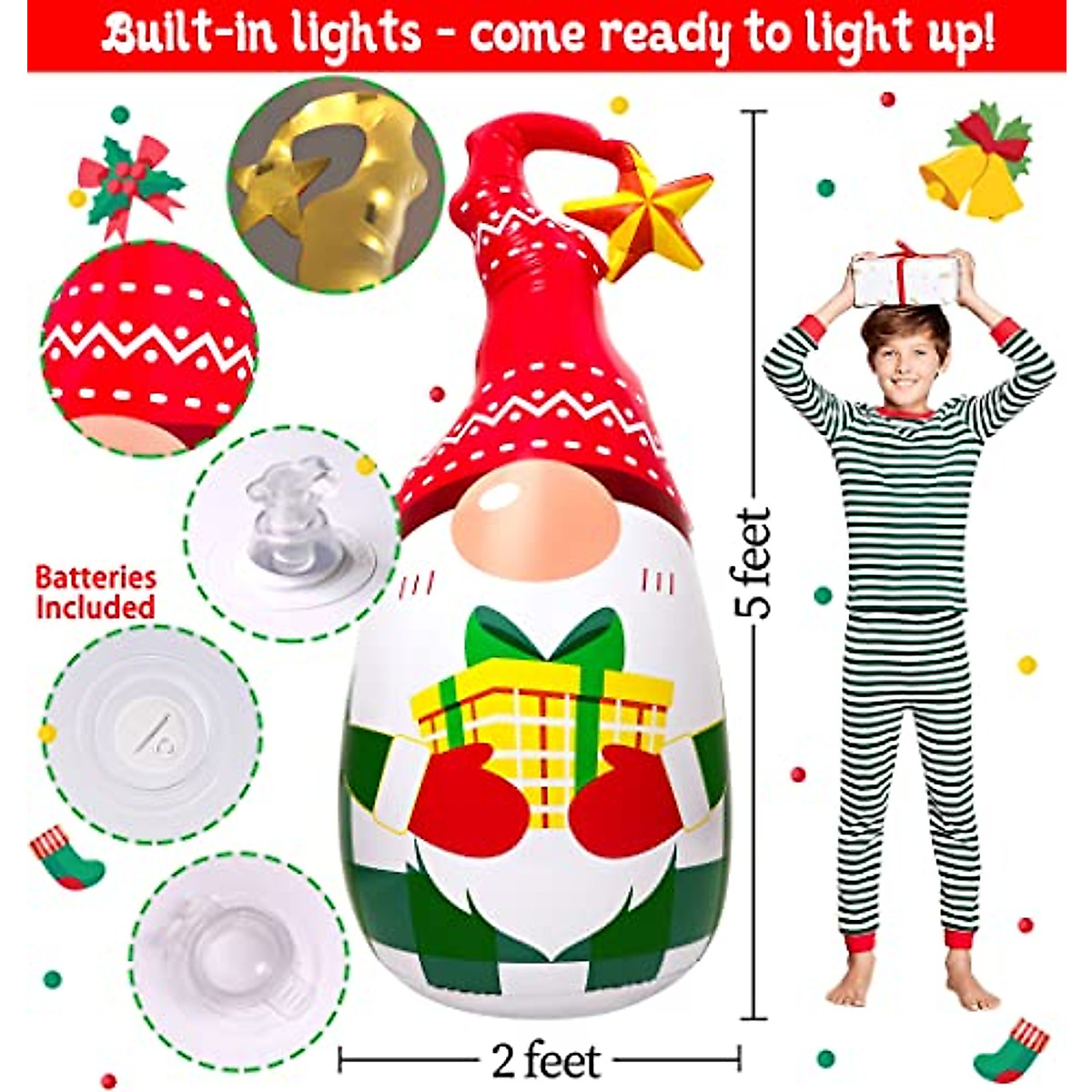 5Ft Lighted Outdoor Christmas Decorations Inflatables - Blow Up Gnome Tumbler Xmas/Winter Holiday/Happy New Year 2023 Display Indoor Party Decor Supplies
