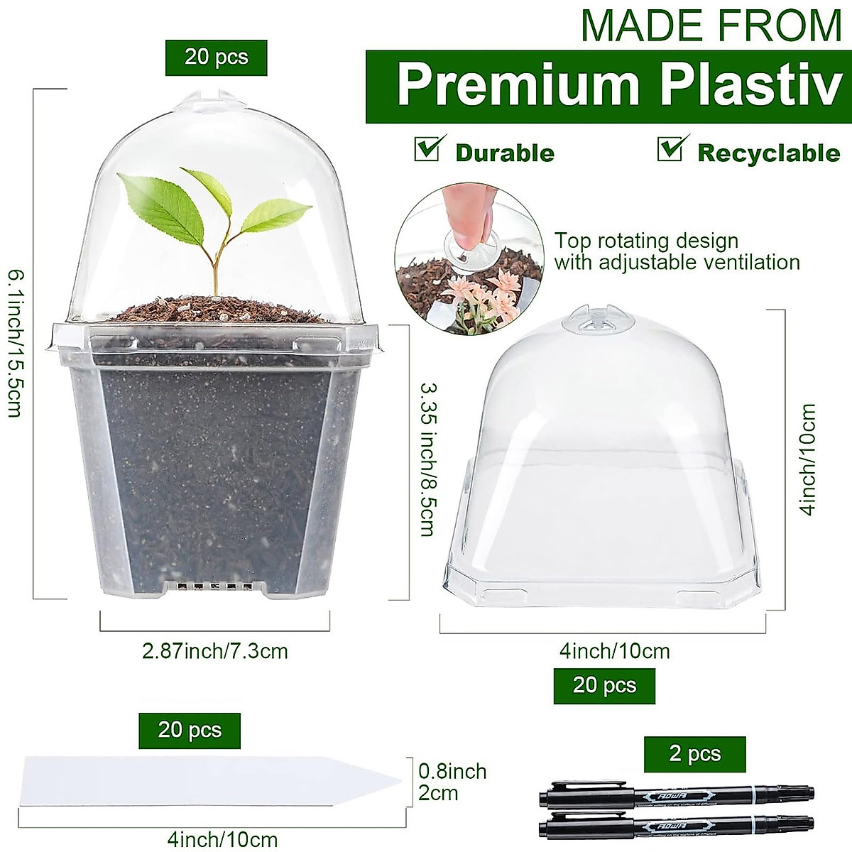 42 Pack 4 Inch Clear Plant Nursery Pot Sets with Humidity Dome and Drain Holes Include 20 Plastic Gardening Pot 20 Labels, 2 Marker Pen Seed Starting Container for Seedlings Vegetables Succulents
