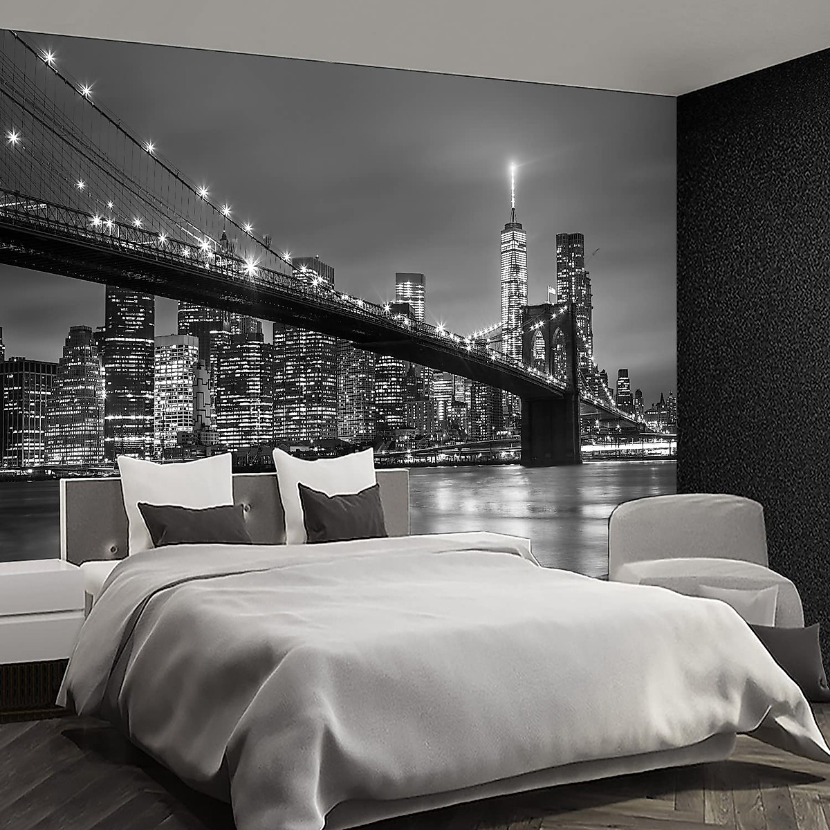 Fightal - Grey New York Mural Wallpaper Brooklyn Bridge Wall Paper Wall Mural City Scape Large Wallpaper for Living Room Bedroom 151"x105"（It's It's not Peel and Stick.）