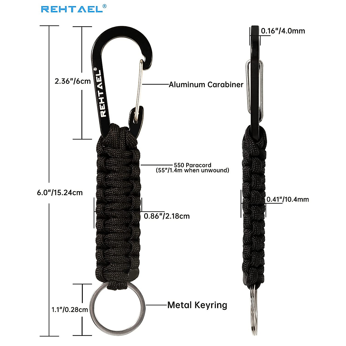 REHTAEL Paracord Keychain with Carabiner- Military Braided Paracord Carabiner Keychain Clip with Strap for Keys/Men/Women- 4-pack (4Pack; 2black+1blue+1orange)