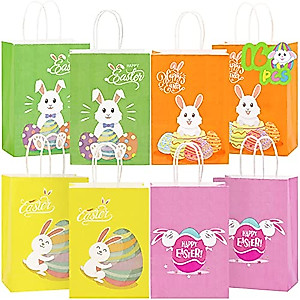 16Pcs Easter Gift Bags Bunny Paper Treat Bags with Handle Easter Egg Hunts Party Favors Cookie Candy Gift Wrapping, 4 Styles Easter Basket