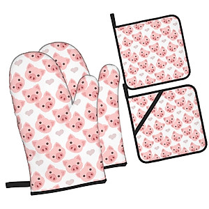 Cute Pig Oven Mitts and Pot Holders Set of 4 Washable Heat Resistant Kitchen Gloves Waterproof Oven Gloves and Hot Pads for Cooking Grilling BBQ Baking