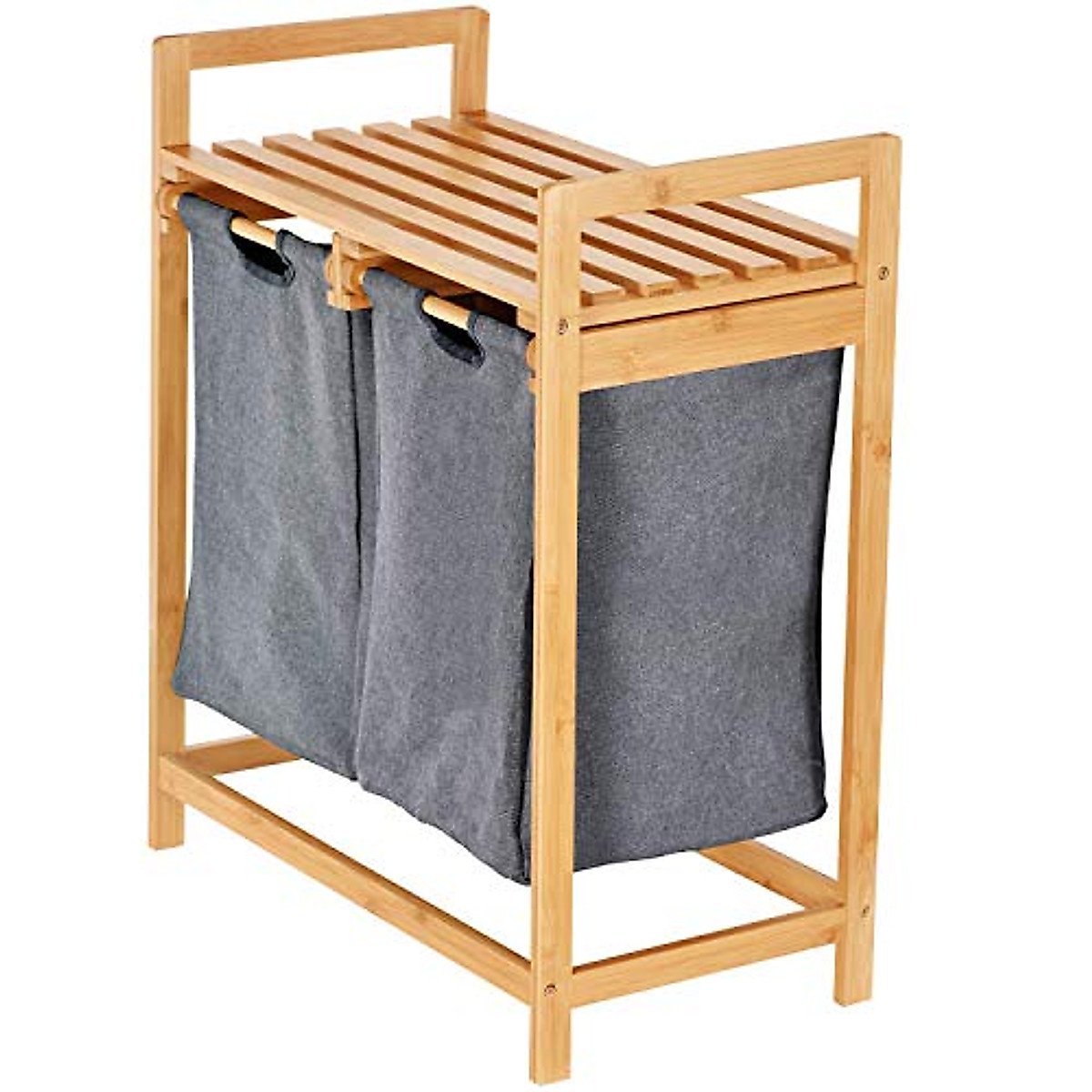 ToiletTree Products Bamboo Hamper with Dual Compartments and Deluxe Bamboo Freestanding Bathroom Organizing Shelf, 5-Tier Shelf Bundle