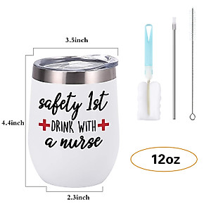 Nurse Ideas for Women, Safety 1st Drink with a Nurse Wine Tumbler, Idea for Women Frineds Girlfriend Nurse New Nurse Doctor Nurse's Day Nurse Graduation, 12 Oz Stainless Steel Insulated Wine Tumbler