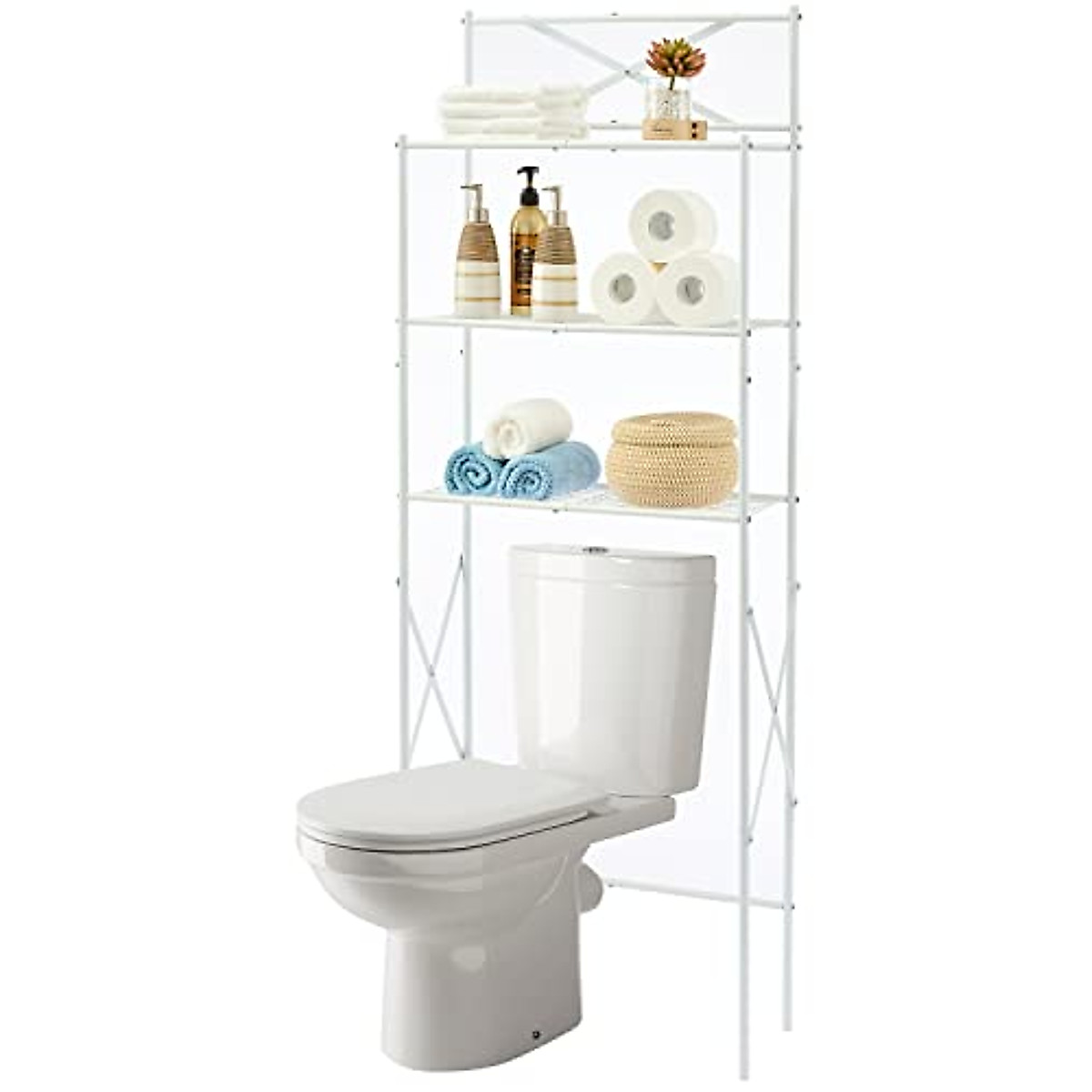Tajsoon 3-Tier Over The Toilet Storage, Multifunctional Bathroom Organizer Over Toilet, Space Saver Bathroom Shelf Over Toilet, Stable Freestanding Toilet Rack with X Shape Fixed Frame, Metal, White