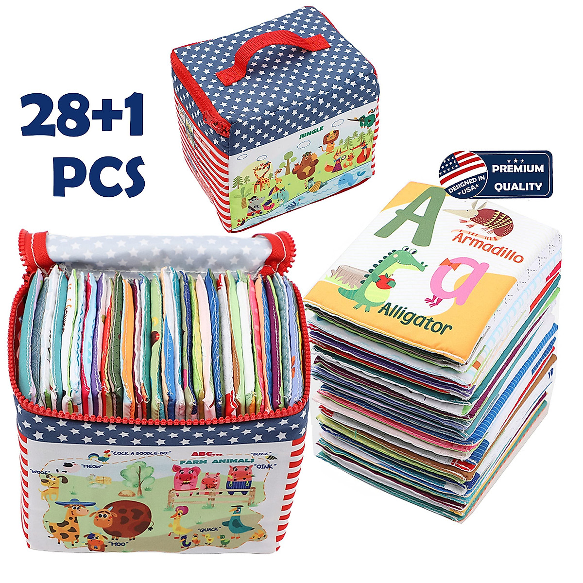 Alphabet Baby Toy Gift, Soft Cloth Alphabet Cards 28PCS, ABC Learning Flash Cards with Bag, Early Educational Learning Toys for Babies Infants Toddlers 1-2 2-4 Years Boys Girls, & Animal Guide Book