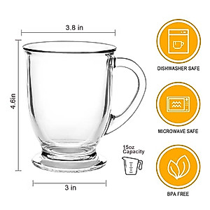 Ufrount 15 OZ Glass Mugs with Lids,Clear Glass Coffee Mugs with Handle,Classic Coffee Cups with Lids and Spoons,Latte Mugs Cappuccino Tea Mugs for Breakfast,Cereal, Milk,6 Pack