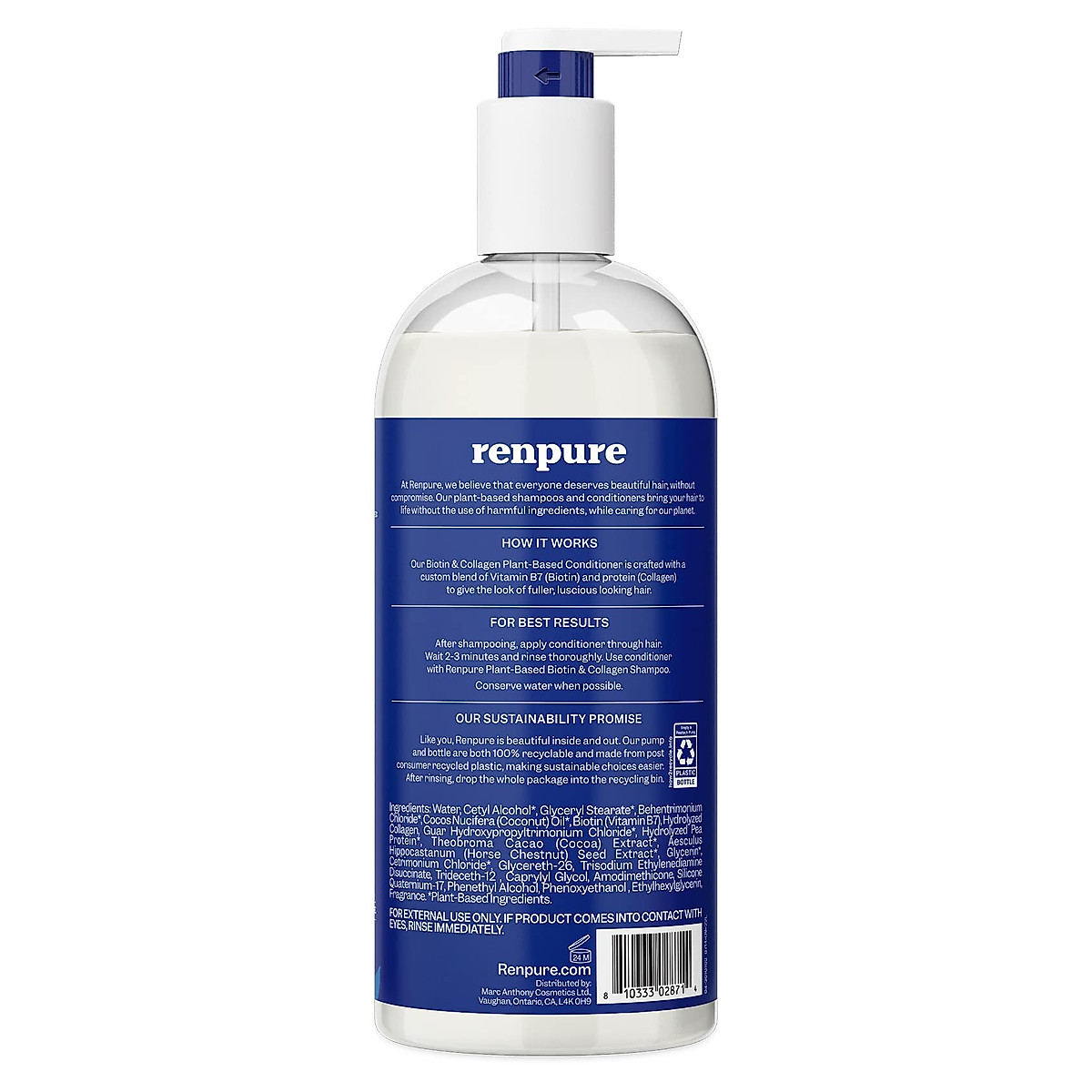 Renpure Plant Based Biotin and Collagen Thickening Volume Conditioner - Leaves Hair Looking Luscious - Gentle Formula - Dye, Cruelty and Paraben Free - Recyclable, Pump Bottle Design - 24 fl oz