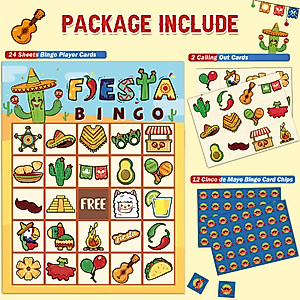 WERNNSAI Mexican Bingo Party Games - 24 Players Birthday Party Games for Kids Bingo Game Bachelorette Final Fiesta Bingo Game Cards Supplies for Taco Themed Party Kids Night Classroom Activities