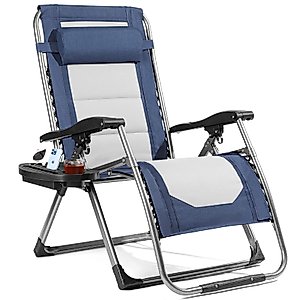 Leteuke Zero Gravity Chair, Oversized Padded Zero Gravity Recliner Lounge Chair with Removable Headrest & Tray, XL Patio Lounge Chair for Lawn, Yard, Outdoor Recliner Support 450 LBS, Gray+Blue