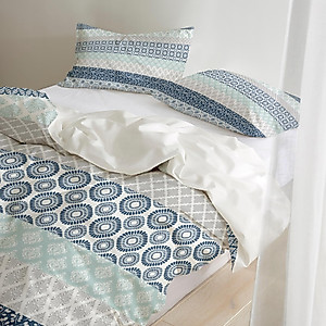 Duvet Cover Set California King Size Boho Comforter Sets 3 Pieces, Bohemian Geometric Stripes Teal Grey Bedding Set with Zipper Closure and 2 Pillow Cases, Soft Lightweight Bed Covers Bedroom Decor