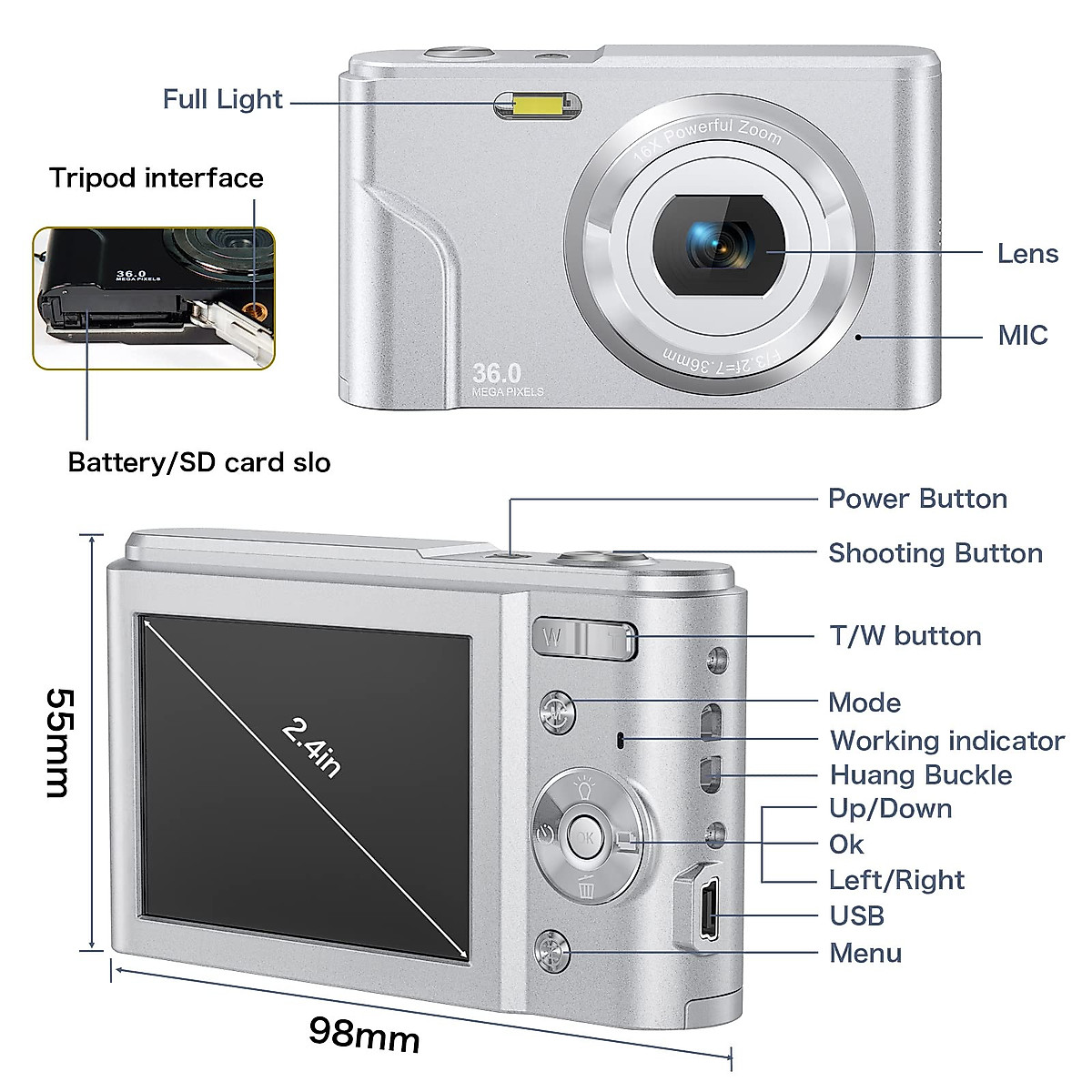 Digital Camera for Kids Boys and Girls - Digital Camera, Full HD 1080P 36.0 Mega Pixels Vlogging Camera with 16X Digital Zoom, LCD Screen for Students, Teens, Kids (Silver)