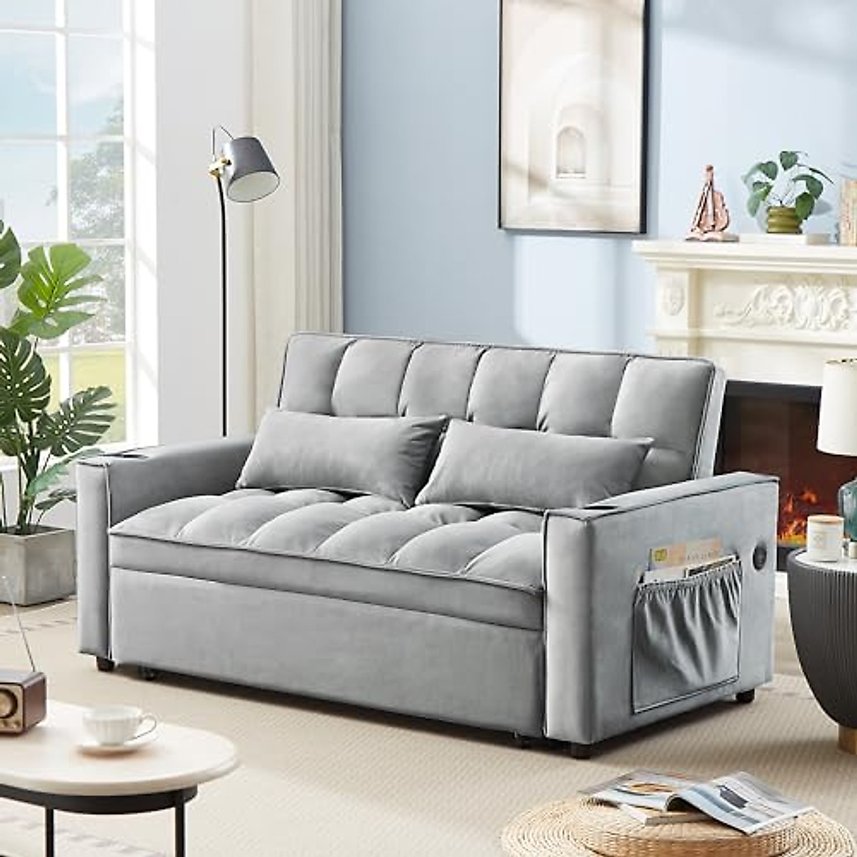 3-in-1 Convertible Pull Out Sleeper Sofa Bed,Loveseat Futon Sofá Chair,Velvet Recliner Lounge Couch with Adjustable Reclining Backrests,USB Ports&Cup Holders for Apartment RV Living Room,Full Size