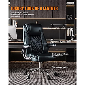 Homy Grigio High Back Ergonomic Office Chair with Adjustable Lumbar Support, Ergonomic Home Office Desk Chair with Wheels PU Leather Computer Chair Executive Office Chair with Flip-Up Arms(Black)