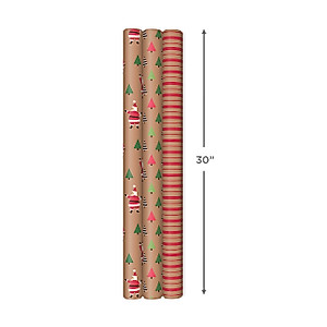 Hallmark Recyclable Christmas Wrapping Paper with Cut Lines on Reverse (3 Rolls: 90 sq. ft. ttl) Kraft Brown with Santas, Green Trees, Red Stripes