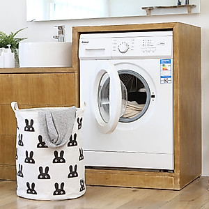 Sea Team 19.7" Large Sized Waterproof Coating Ramie Cotton Fabric Folding Laundry Hamper Bucket Cylindric Burlap Canvas Storage Basket with Cute Bunny Design (Black)