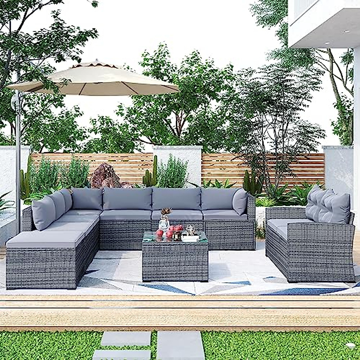 KASUE Outdoor PE Wicker Sofa 9-Piece Set - Perfect for Outdoor Spaces, Gardens, and Poolside, Gray Wicker, Gray Cushion