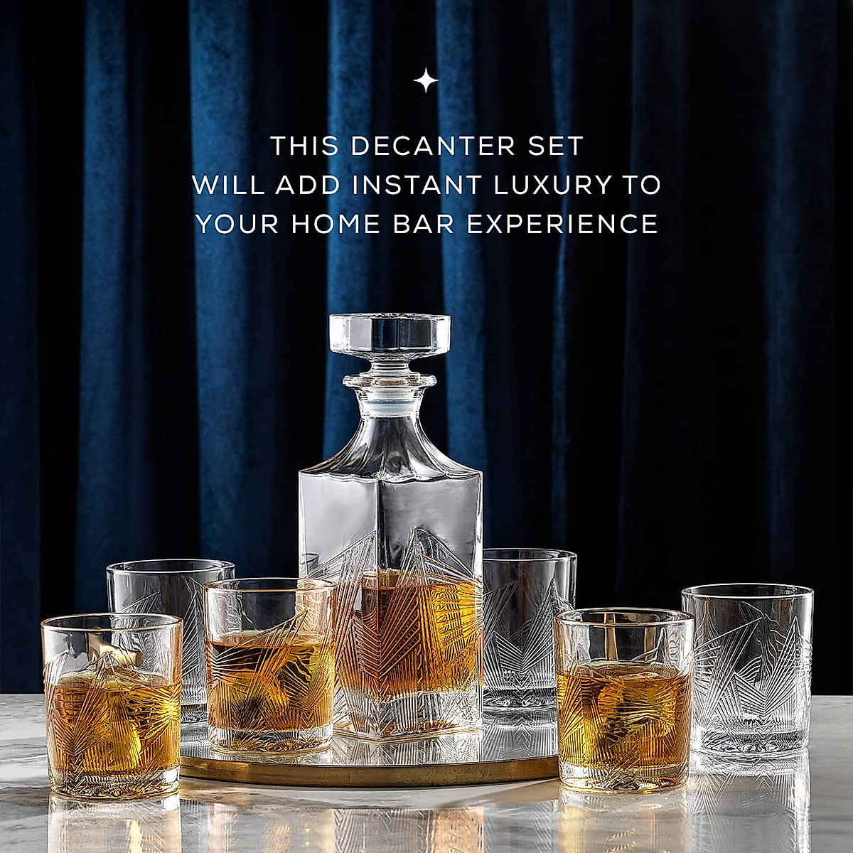 JoyJolt Gatsby Whiskey Decanter and 6PC Glasses Set. 27 oz Airtight Glass Decanter and Set of 6 Old Fashioned Rocks Glasses for Scotch, Bourbon Whisky, Brandy, Cognac Rum or Whiskey Cocktails