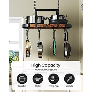 CHOEZON Hanging Pot Rack, Pot Hanger for Kitchen, Ceiling Mounted Pot Holder, Cookware Organizer with 12 S-Shaped Hooks, for Pot, Pan Storage, Space Saver, Rustic Brown and Black TPR08BF