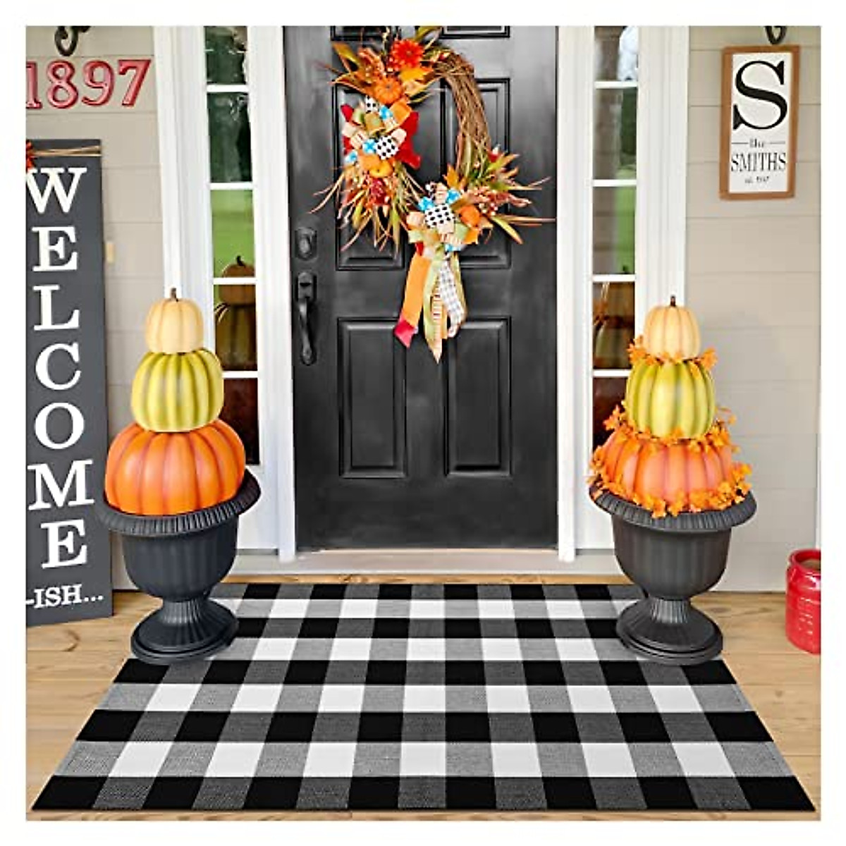 EARTHALL Buffalo Plaid Rug Black and White 3x5 Area Rug, Cotton Hand-Woven Washable Indoor Outdoor Area Rug Farmhouse/Living Room/Bedroom/Kitchen Rug Retro Lattice Checkered Rug Carpet