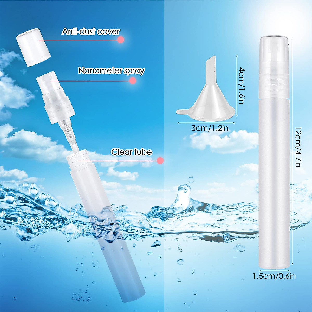 SelfTek 15 Pack Spritzer Bottle, 10ml Mini Portable Mist Empty Spray Bottle Perfume Travel Refillable Spray Bottles with 15 Funnels