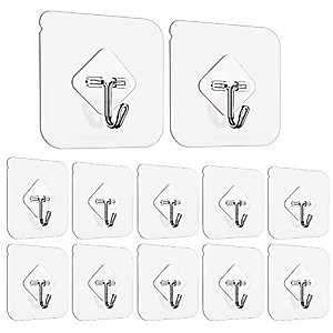 Ayssny Adhesive Hooks Wall Hooks for Hanging, Transparent Utility Hooks Sticky Hooks 44 lb/ 20 kg(Max), Waterproof Reusable Seamless Hooks for Bathroom & Kitchen