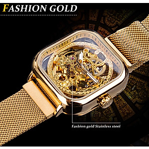 FORSINING Fashion Automatic Mechanical Wrist Watch Golden for Mens Waterproof Watches with Stainless Steel Skeleton Transparent Dial with Royal Flower Movement Carving
