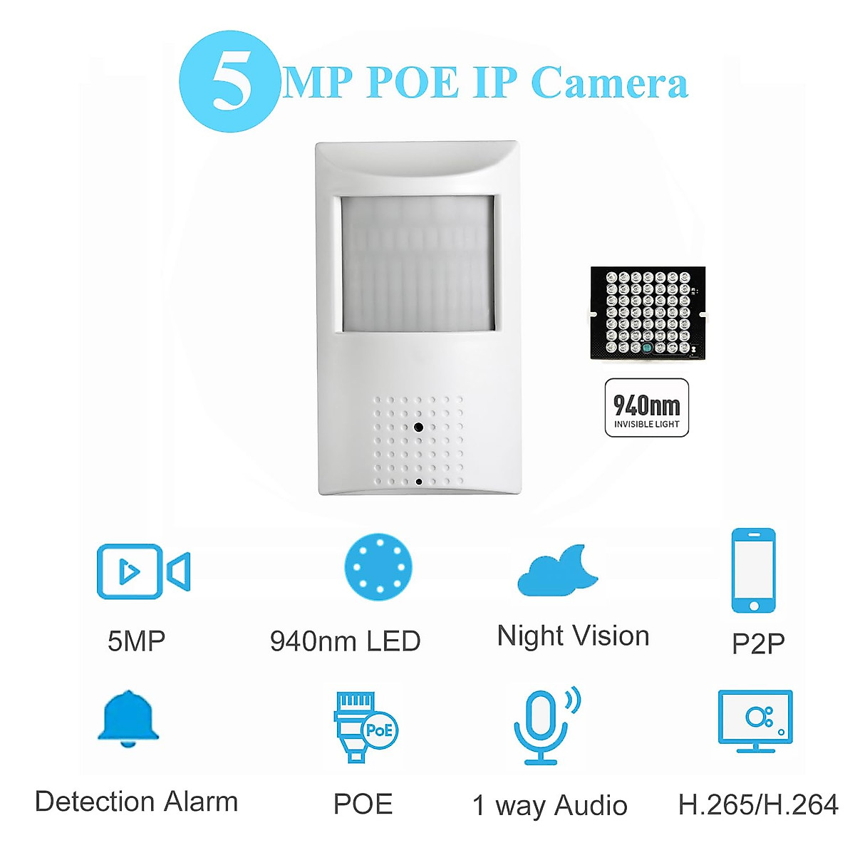 REVODATA 5MP PIR 940nm Invisible LED POE IP Camera Built in Micro Phone, 3.7mm Lens 80° IR Night Vision CCTV Indoor Security Camera,P2P H.265 Mini PIR Video Camera Motion Detection (IPIR-P-A-HS)