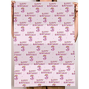 CENTRAL 23 Birthday Wrapping Paper For Girls - 6 Sheets Pink Wrapping Paper - Age Three - Happy 3rd Birthday Gift Wrap For Her - Comes With Stickers - Recyclable