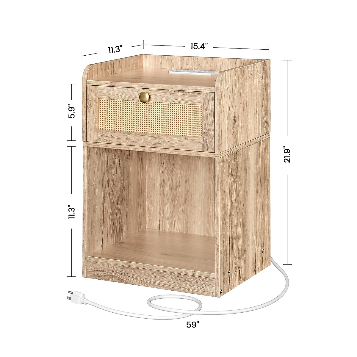 CHOEZON Nightstand with Charging Station, Side Table with Rattan-Style Drawer and Storage Shelf, Modern Rattan Night Stand with 2 USB Ports, Boho End Table Bedside Table for Bedroom, Natural MBZ01UWO