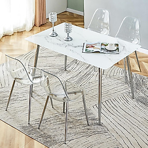 KEVINSPACE Dining Table, 51 Inch Modern Kitchen Table with White Imitation Marble Craft Glass Table Top and Silver Metal Legs, Modern Dining Table for Living Room, Dining Room, Home and Office, White