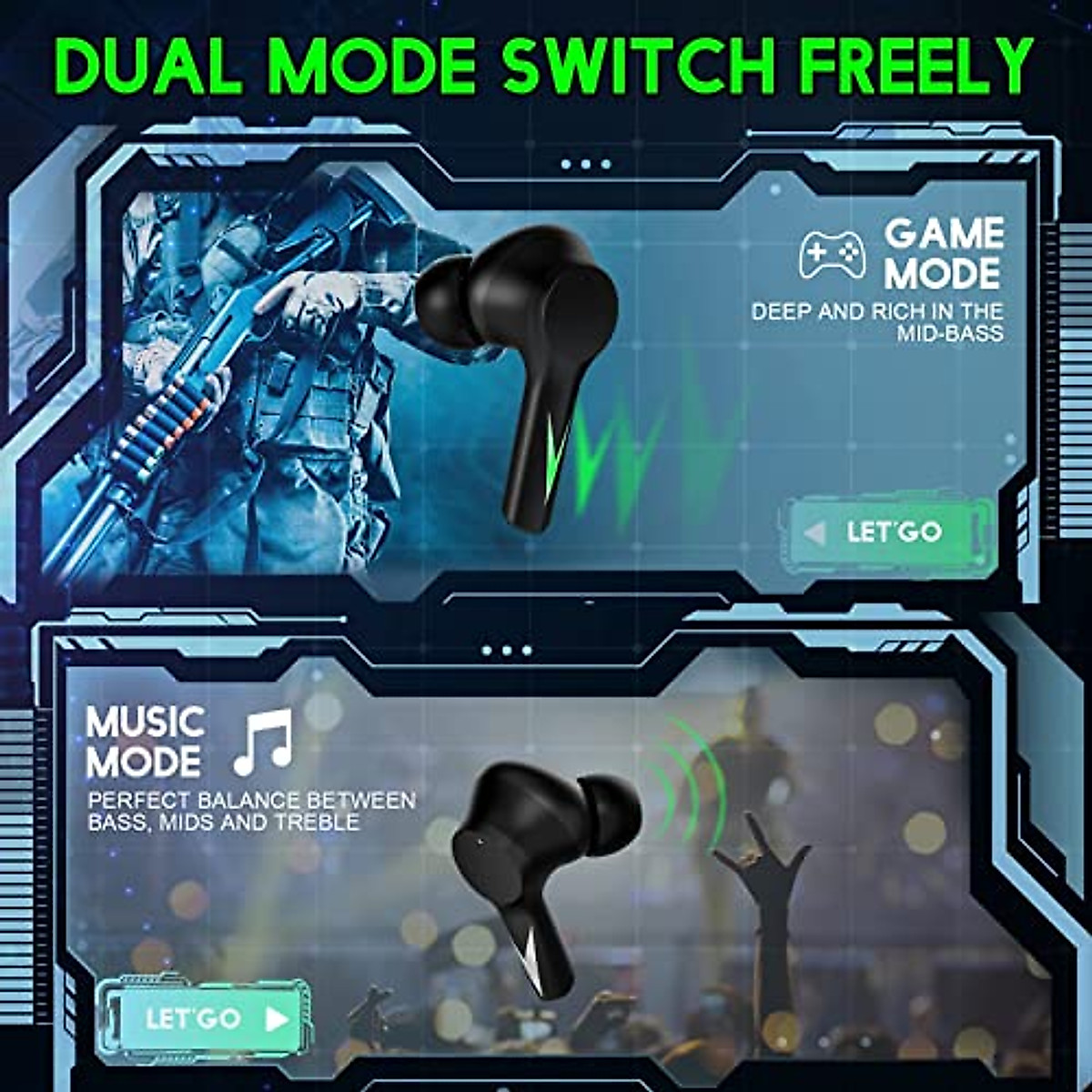 Coolme Hero5 Wireless Earbuds Bluetooth Headphones with Microphone, Game/Music Mode Ultra Low Latency,13mm Drivers Pure Deep Bass Sound, 40H Playback, Touch Control TWS Earphones for iPhone Andriod