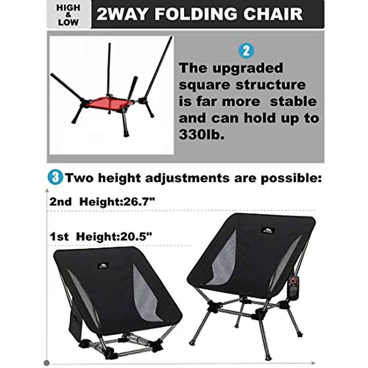 AnYoker Camping Chair, 2 Way Compact Backpacking Chair, Portable Folding Chair, Beach Chair with Side Pocket, Lightweight Hiking Chair Low Back Chair 0177 (Black 2pack)
